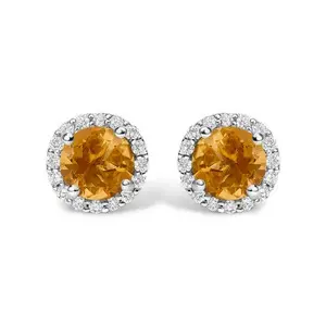 HAUS OF BRILLIANCE 10k Gold Gemstone And Diamond Halo Stud Earrings - White | Orange Citrine